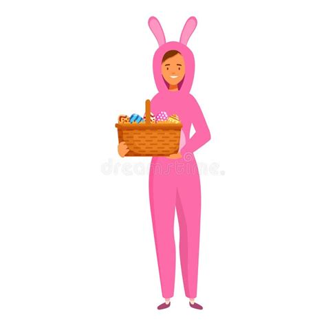Woman Wearing Pink Bunny Costume Holding Basket Full Of Easter Eggs