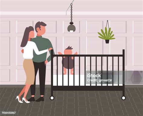 아버지 어머니와 아기 침대에서 아기 침대가 함께 즐거운 즐거운 가족 부모 개념 남자 여자 신생아 와 함께 재생 신생아 현대 아기의 침실 인테리어 평면 전체 길이 놀기에 대한