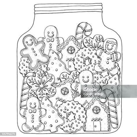 크리스마스 진저 브레드 쿠키 유리 항아리에 휴일 베이킹 벡터에 손으로 그린 장식 요소와 겨울 패턴 성인을위한 색칠 공부 페이지 흑백 크리스마스에 대한 스톡 벡터 아트 및