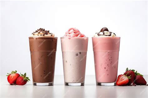 Premium Ai Image Three Different Milkshakes Chocolate Strawberry And
