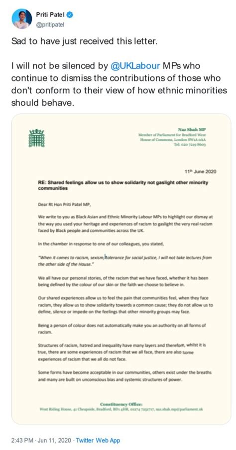 Priti Patel Accuses Labour Mps Of Silencing Her Over Racism Debate