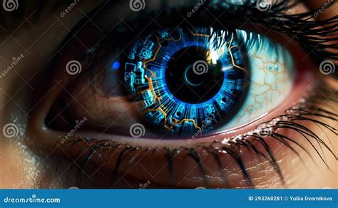Female Android Robot Eye Close Up Digital Iris Of Cyber Woman Bionic Technology Concept Stock