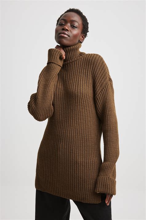 Ribbed Knitted Turtleneck Side Slit Sweater Brown Na Kd