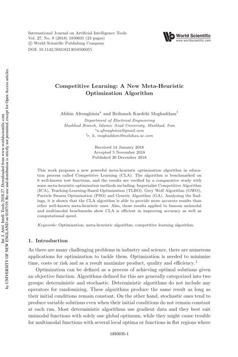 Pdf Competitive Learning A New Meta Heuristic Optimization Algorithm