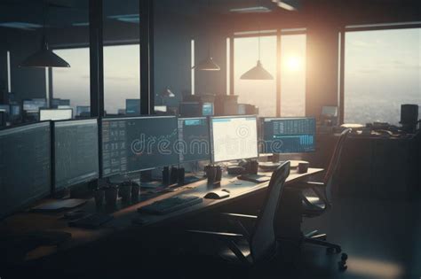 Modern Office Interior With Computers And City View Generative Ai