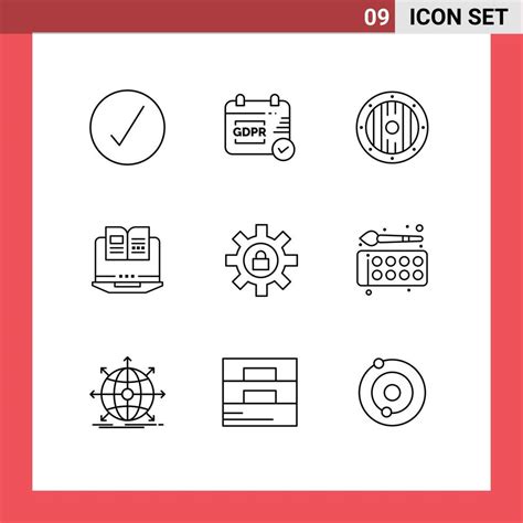 Pack Of 9 Creative Outlines Of Lock Gear Game Hardware Computer Editable Vector Design Elements