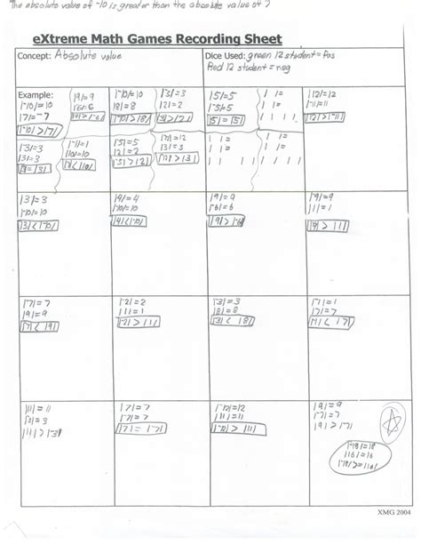 Student Work Xtreme Math Games