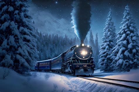 Premium Photo Polar Express Train Rides Night Railway Among Tall Snow