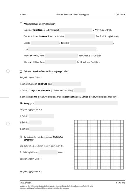Arbeitsblatt Lineare Funktion Das Wichtigste Mathematik Fachhochschulreife Tutory De