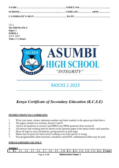 2023 Asumbi Girls Mock 1 Mathematics Paper 1 2 Exam With Marking