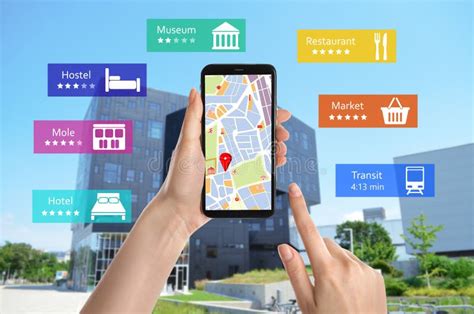 Smartphone With Map Gps Navigation App On The Screen In Female H Stock Photo Image Of Location