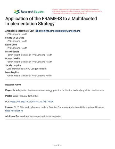 Pdf Application Of The Frame Is To A Multifaceted Implementation Strategy