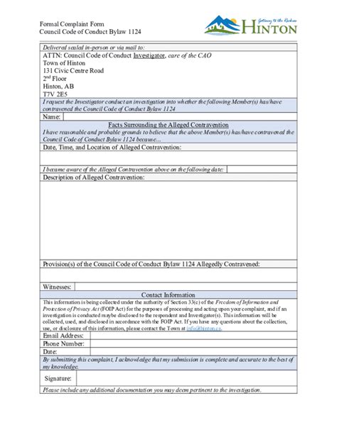 Fillable Online Formal Complaint Form Council Code Of Conduct Bylaw