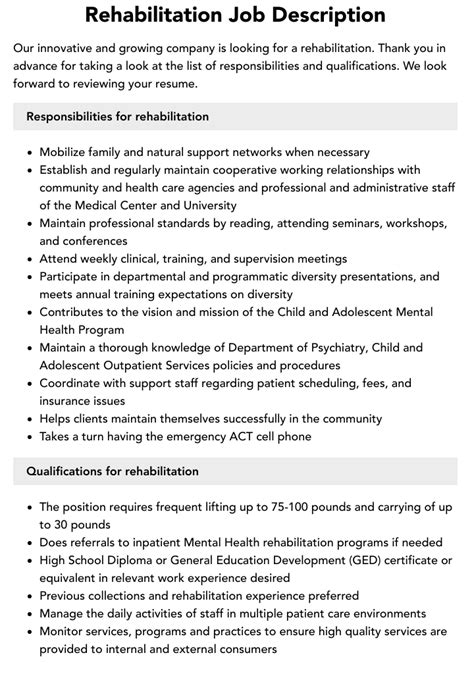 Rehabilitation Job Description Velvet Jobs