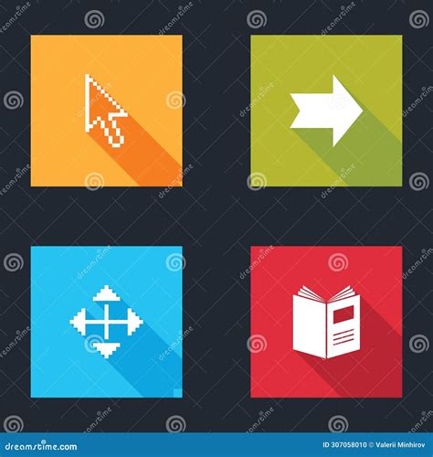 Set Pixel Arrow Cursor Arrow Arrows In Four Directions And Open Book Icon Vector Stock Vector