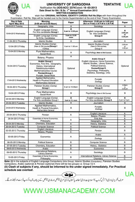 Sargodha University Ba Bsc Date Sheet 2020 Uos Download Private And
