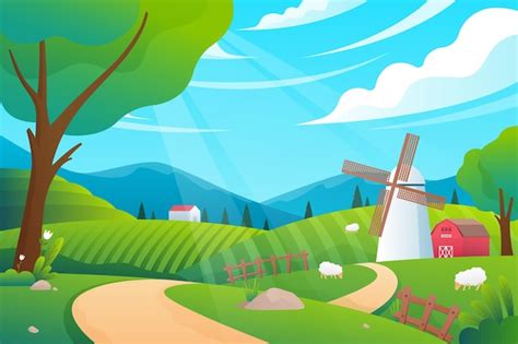 시골 풍경 그림 개념 무료 벡터