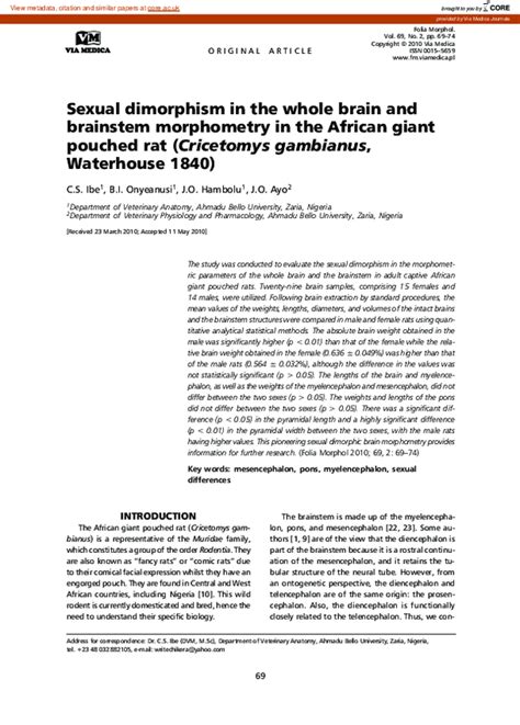 Pdf Sexual Dimorphism In The Whole Brain And Brainstem Morphometry In