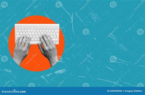 Contemporary Art Collage Creative Design Female Hands Typing On Computer Keyboard Stock Photo