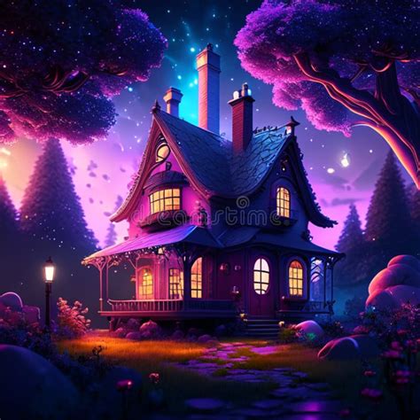 Fantasy Landscape With Haunted House And Moonlight Vector Cartoon