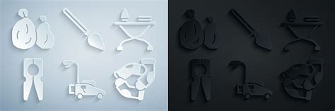 잔디 깎는 기계 다리미와 다리미판 옷핀 양말 손잡이 빗자루 및 쓰레기 봉투 아이콘을 설정합니다 벡터 3차원 형태에 대한 스톡 벡터 아트 및 기타 이미지 Istock