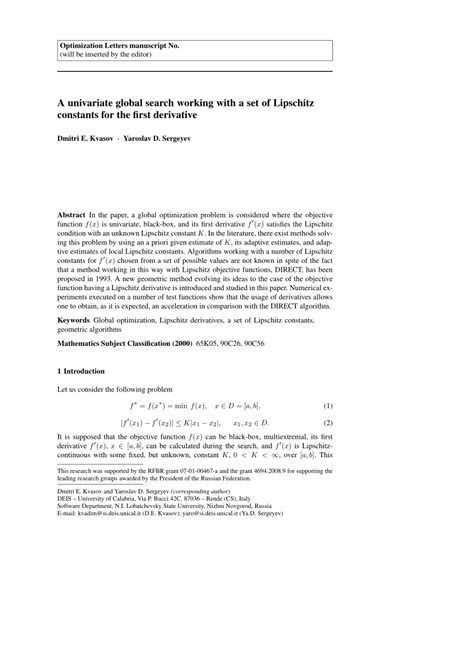 Pdf A Univariate Global Search Working With A Set Of Lipschitz Constants For The First Derivative