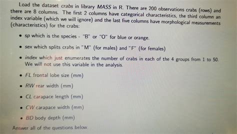 Load The Dataset Crabs In Library Mass In R There