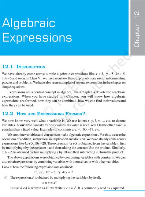 NCERT Book For Class Maths Algebraic Expressions