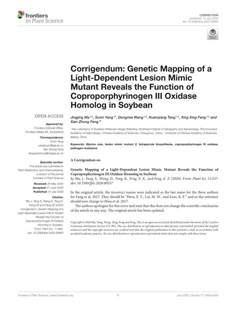 Pdf Corrigendum Genetic Mapping Of A Light Dependent Lesion Mimic Mutant Reveals The Function