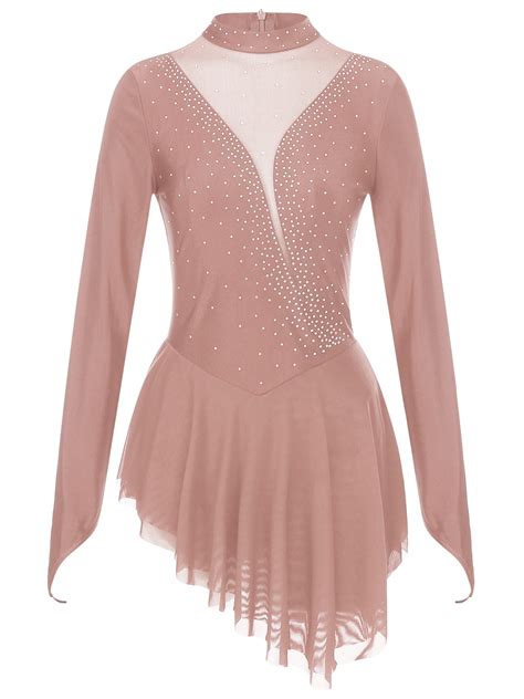 YUUMIN Women S Shiny Rhinestone Dance Dress Sheer Mesh Patchwork