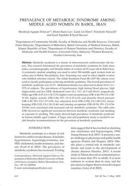 Pdf Prevalence Of Metabolic Syndrome Among Middle Aged Women In Babol