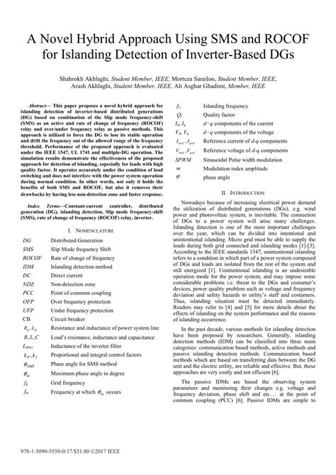 Pdf A Novel Hybrid Approach Using Sms And Rocof For Islanding Detection Of Inverter Based Dgs