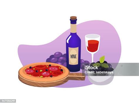 전통적인 이탈리아 요리 피자 올리브 적포도주 흰색 배경에 격리된 평면 벡터 삽화 건강한 생활방식에 대한 스톡 벡터 아트 및 기타