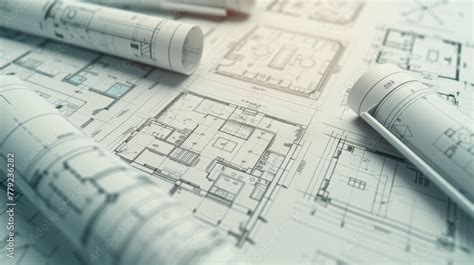 Detailed Architectural Blueprints With Multiple Building Plans Rolled Up Scrolls And Drafting