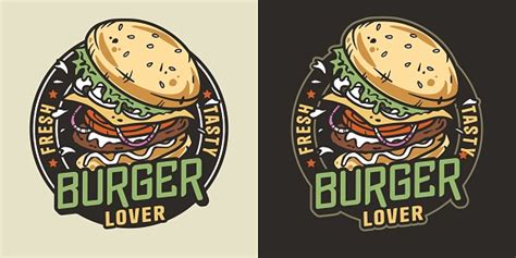 로고 또는 엠블럼을위한 고기 치즈 및 야채를 곁들인 버거 포스터에 대 한 미국 패스트 푸드 또는 햄버거 롤빵 양상추 치즈 토마토 양파 상점용 커틀릿이 있는 미국 음식 0명에