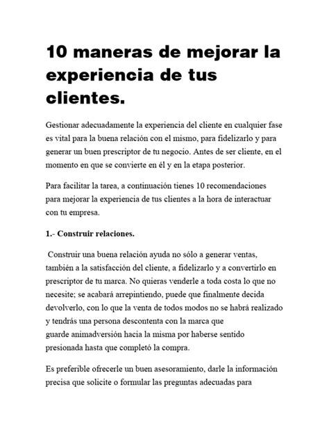 10 Maneras De Mejorar La Experiencia De Tus Clientes Pdf Business