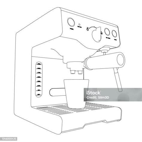 흰색 배경에 고립 된 검은 색 라인에서 커피 머신의 윤곽 원근보기입니다 벡터 일러스트레이션 가정용 장비에 대한 스톡 벡터 아트