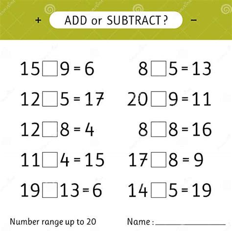 Add Or Subtract Number Range Up To 20 Mathematical Exercises Addition And Subtraction Stock