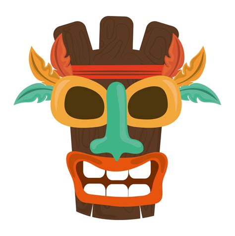 Máscara de madera tribal tiki plumas exóticas aislado sobre fondo