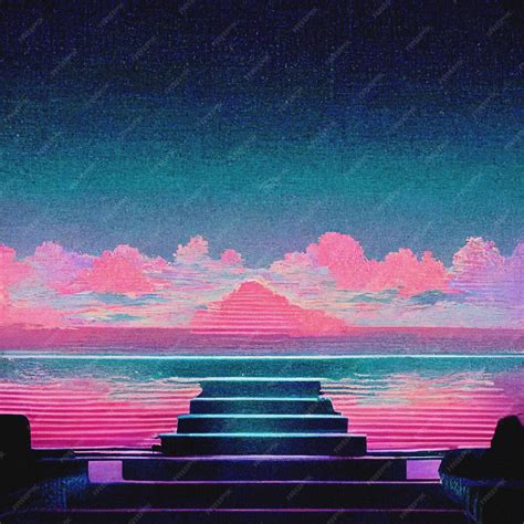 Edm 음악 Ai 렌더를 위한 별 Vaporwave 양식화된 3d 그림이 있는 공간의 추상 복고풍 미래 공상과학 신스웨이브 풍경