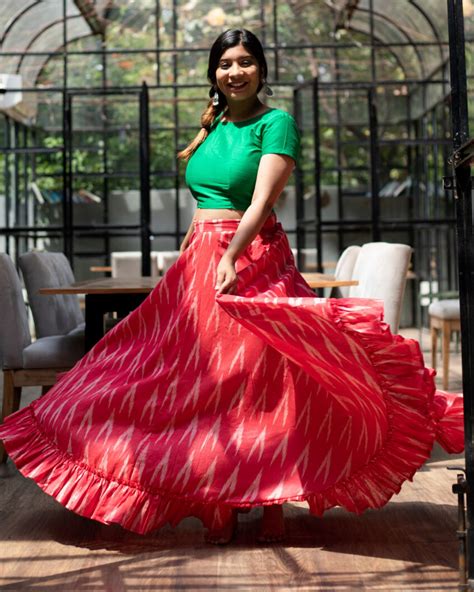 Shamrock Green Crop Top With Red Ikat Printed Skirt Set Of Two By