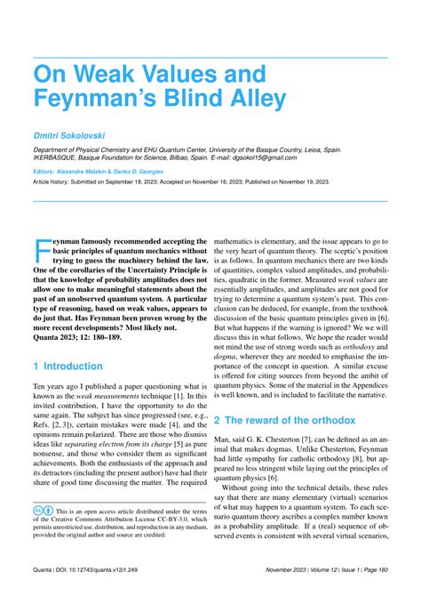 Pdf On Weak Values And Feynmans Blind Alley