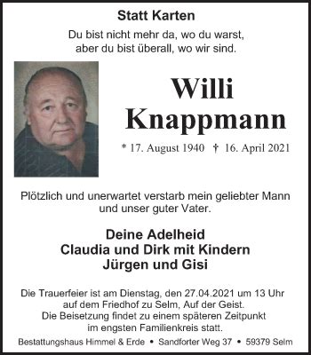 Traueranzeigen Von Willi Knappmann Trauer In NRW De