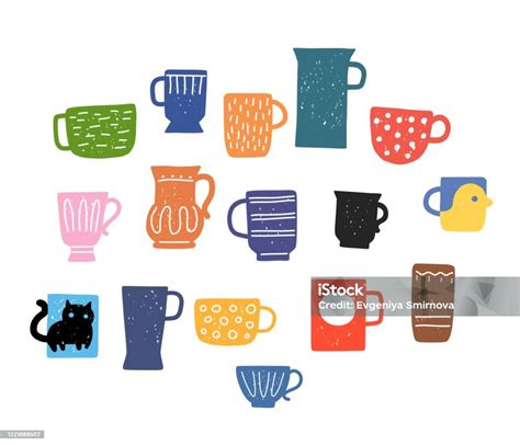 귀여운 만화 손으로 그린 컵 세트 벡터 흰색에 고립 멋지고 재미있는 밝은 다채로운 머그잔 클립 아트 일러스트 개체 그룹에 대한 스톡 벡터 아트 및 기타 이미지 Istock
