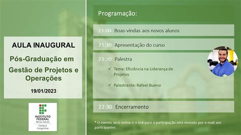 Aula Inaugural Da Pós Graduação Em Gestão De Projetos E Operações