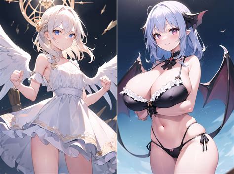 ハトラaiイラスト On Twitter 天使と悪魔の戦い 天使「いいぜ、巨乳が何でも思い通りに出来るってなら、まずはそのふざけた幻想を