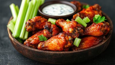 Delicious Spicy Chicken Wings With Creamy Dipping Sauce Stock