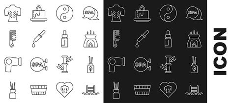 사다리 아로마 디퓨저 양초 음양 파이펫 헤어 브러시 마사지 및 에센셜 오일 병 아이콘이있는 세트 라인 수영장 벡터 건강 진단에 대한 스톡 벡터 아트 및 기타 이미지 Istock