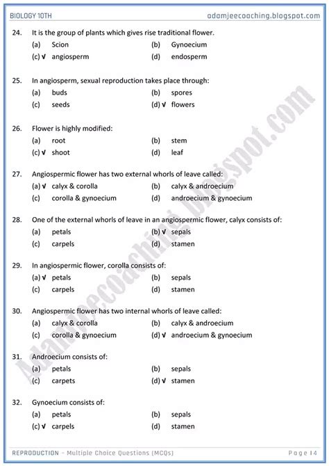 Adamjee Coaching Reproduction MCQs Biology 10th