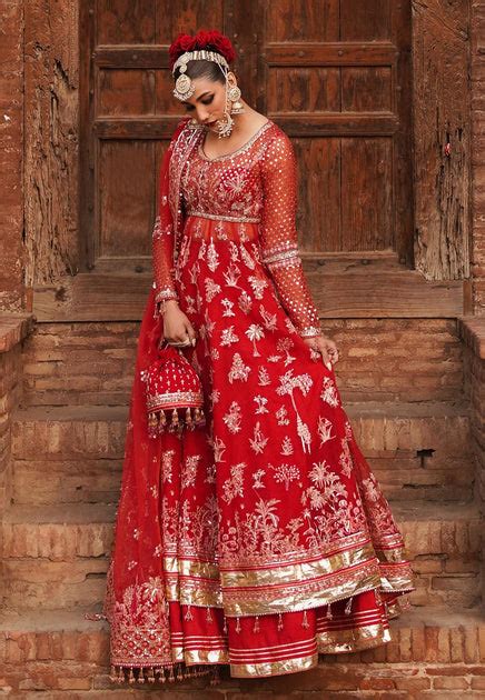 Red Pakistani Bridal Dress In Pishwas And Sharara Style Nameera By Farooq